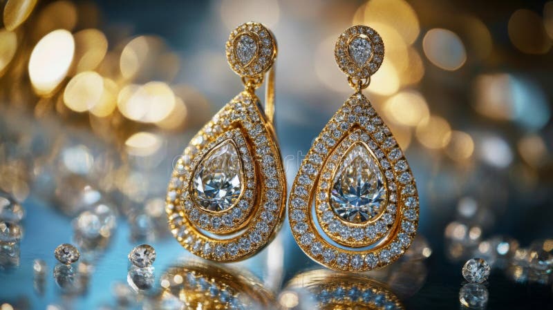 Closeup of Two Pear-Shaped Diamond Earrings with Gold Settings Stock ...