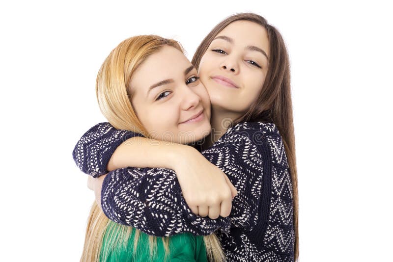 Closeup Two Sisters Hug Having Fun Isolated Stock Photos - Free ...