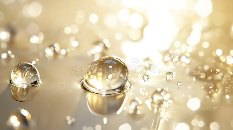 A Closeup of Two Water Droplets on a Shiny Golden Surface Stock ...