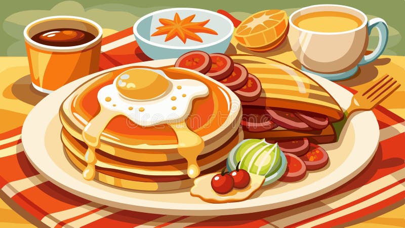 Closeup of a US Breakfast, Including Pancakes, Eggs, Hash Brown, and ...