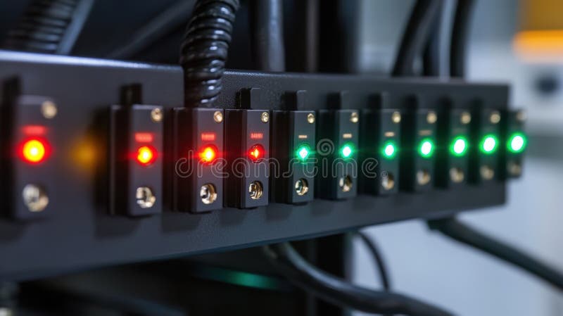A Closeup of Various Sensors Mounted on a Production Machine Blinking ...