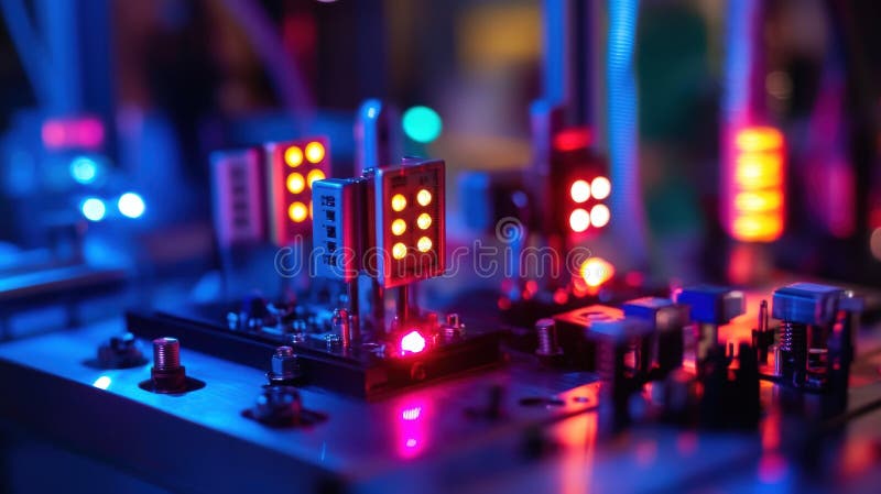 A Closeup of Various Sensors Mounted on a Production Machine Blinking ...