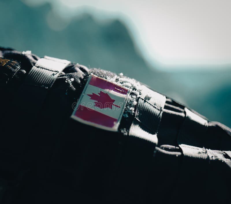 Closeup of a Velcro Patch of the Canadian Flag on the Black Tactical ...