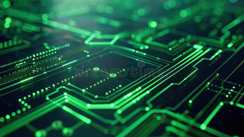 A Green Circuit Board Against Dark Background Represents Technology and ...