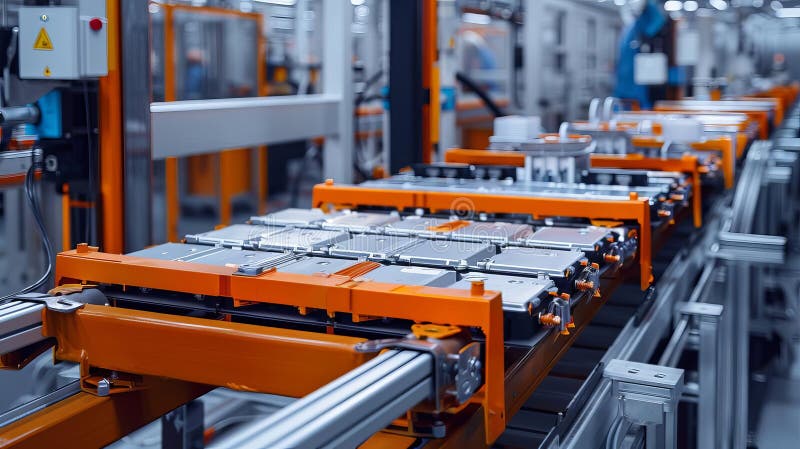 Closeup View of an Assembly Line Producing Electric Vehicle Battery ...