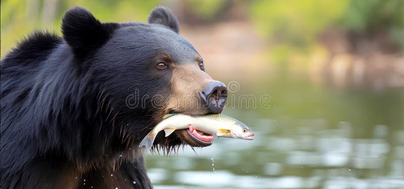 Closeup View of a Black Bear Carrying a Fish on Mouth in a River Stock ...