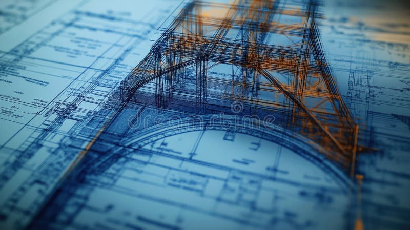 Closeup View of Blueprint Design for New Bridge. Intricate Details ...