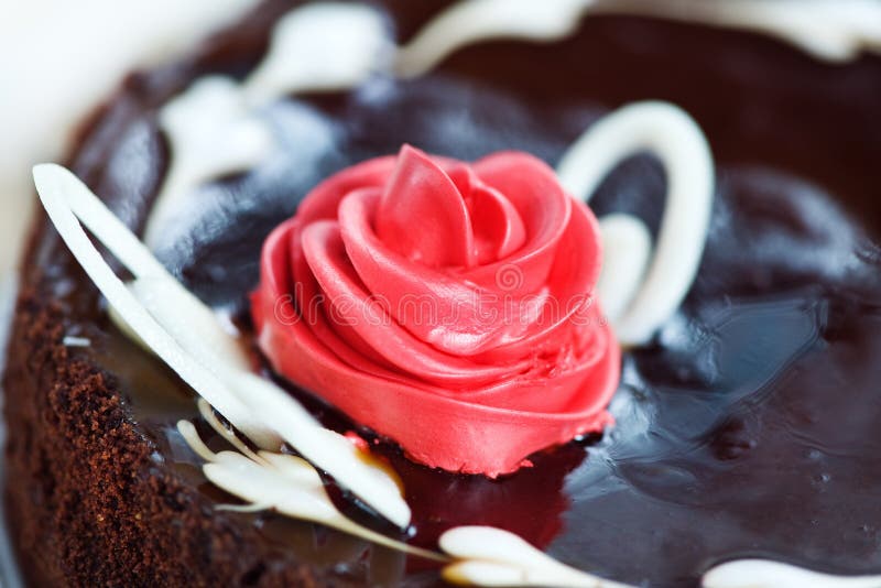 Chocolate Cake with Creamy Pink Rose Stock Image - Image of cream, pink ...