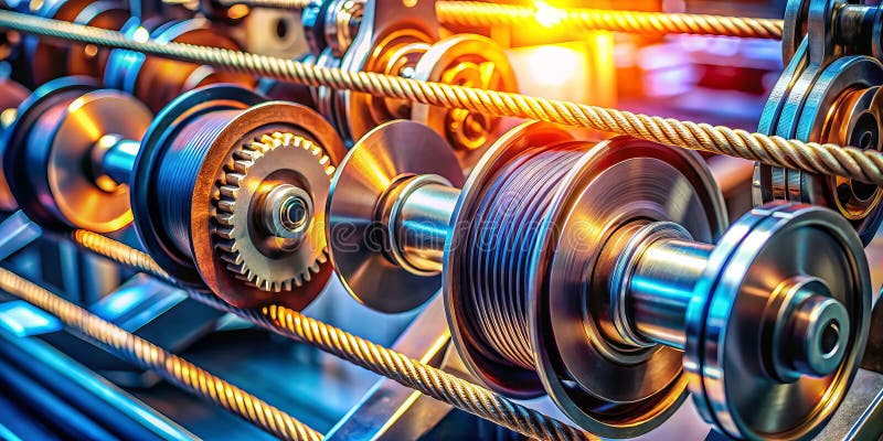 Closeup View of a Complex Metallic Pulley System with Interlocking ...