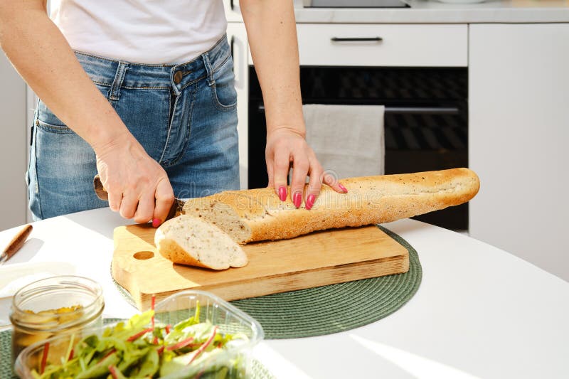 Closeup View of Cutting Fresh Baguette Stock Image - Image of breakfast ...