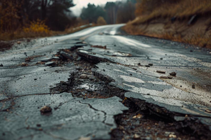 Crumbling Asphalt Road after Rain Stock Image - Image of erosion ...