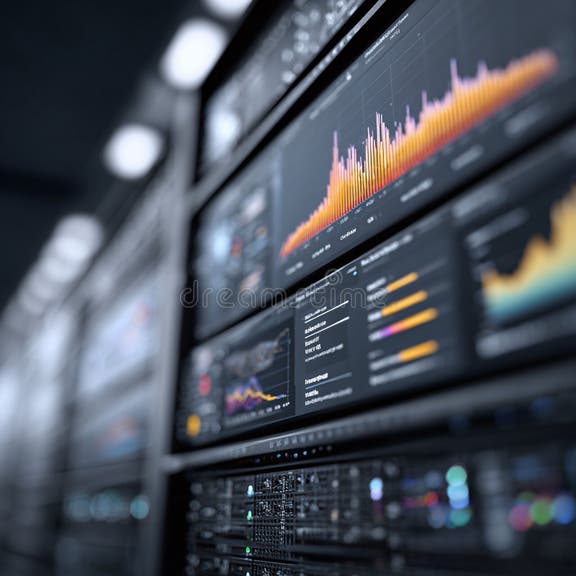 Closeup View of a Data Server Room Featuring Multiple Screens ...