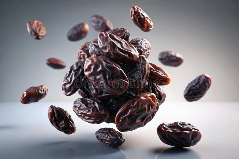 Closeup View of Delicate Raisins Falling in Slow Motion Against a Pure ...