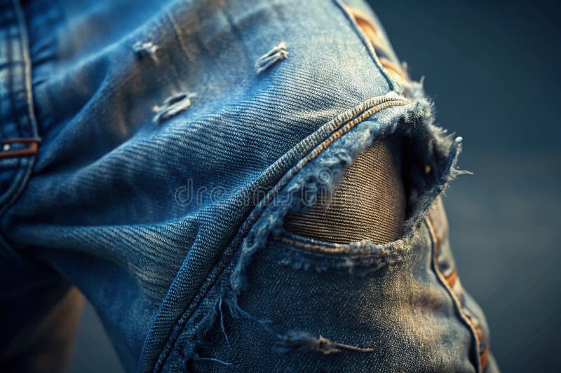 Closeup View of a Distressed Denim Knee Exploring Texture Wear and a ...