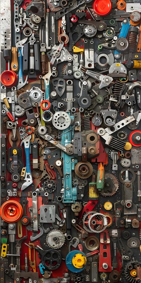 Assorted Industrial Tools and Machine Parts, Colorful Background Stock ...