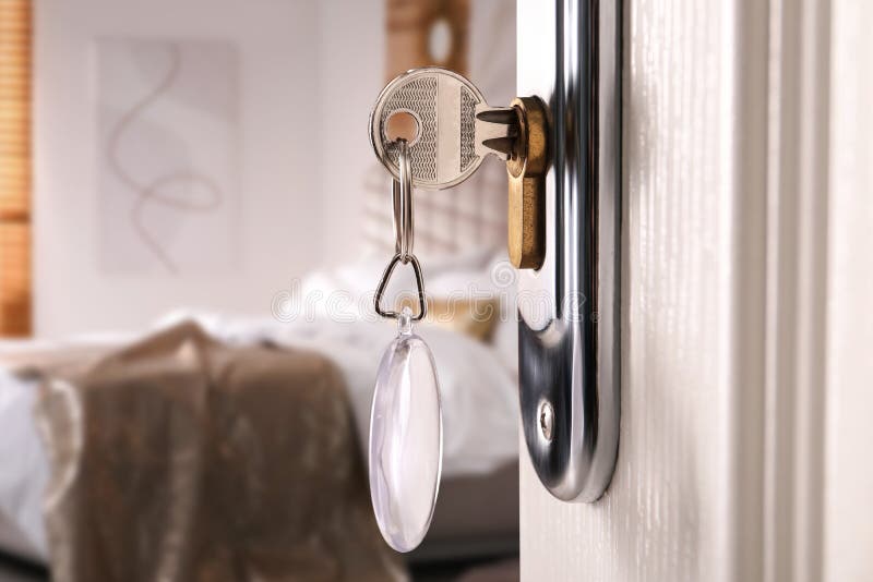 Closeup View of Door with Key Open in Bedroom Stock Image - Image of ...