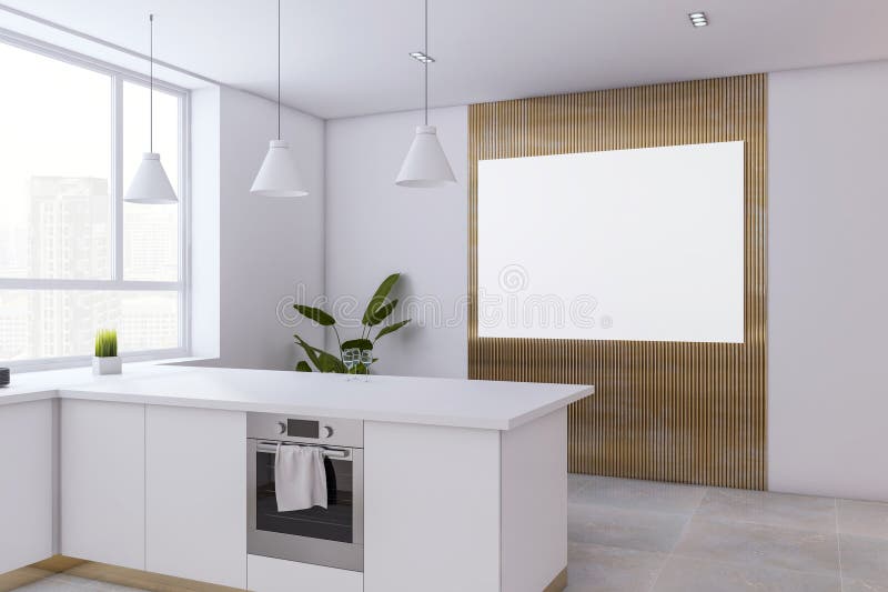 Closeup View of Empty Kitchen Interior with Blank White Poster and Grey ...