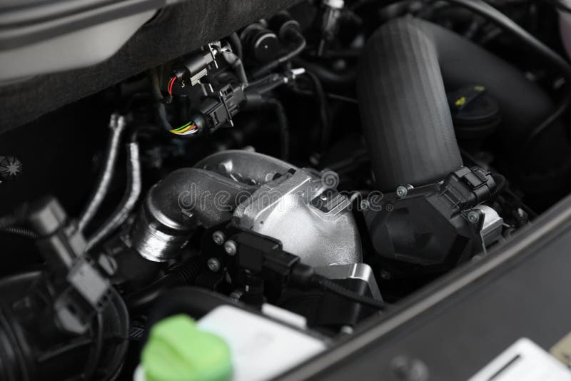 Closeup View of Engine Bay in Modern Car Stock Image - Image of hood ...