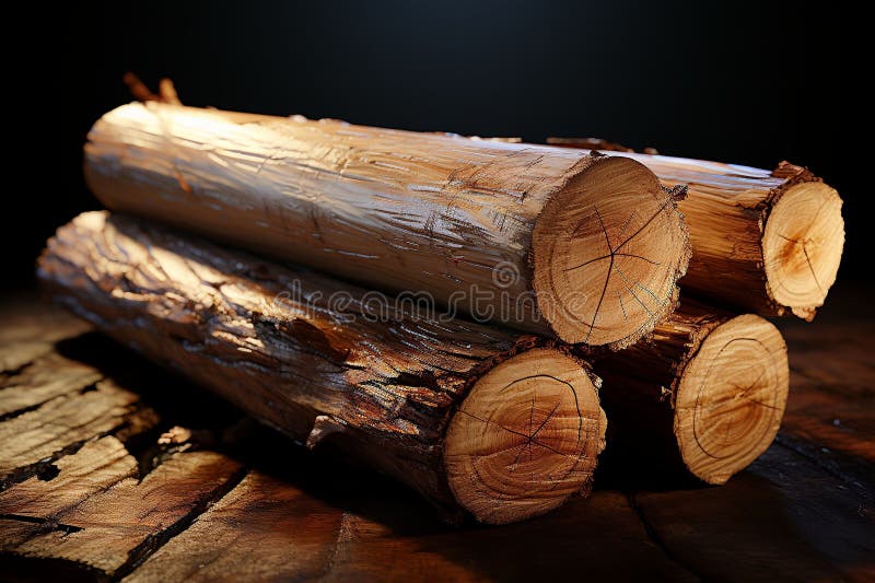 Closeup View of Four Wooden Logs Stacked Together on a Dark Wooden ...