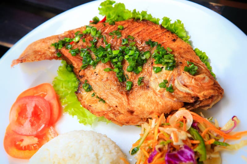 Closeup View of Fried Fish with Rice Vegetables Stock Image - Image of ...