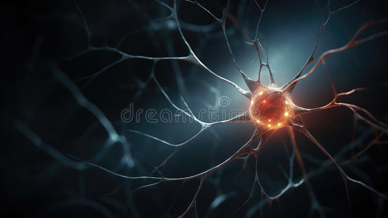 Closeup View of a Glowing Neuron within a Dark Abstract Background ...