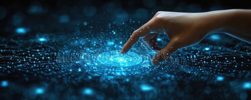 Hand Interacting with Network Technology and Glowing Circular Interface ...