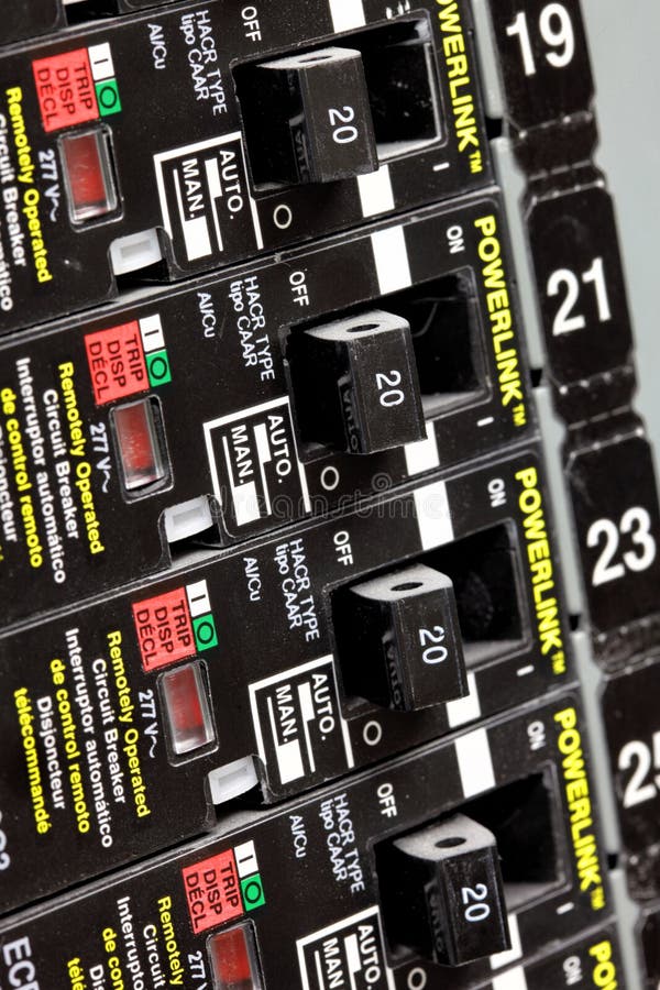 A Closeup of High Tech Breakers in a Power Distribution Panel ...