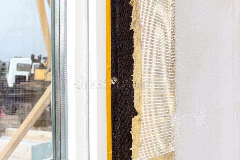 Closeup View on House Wall with Plastic Window and Insulation Panels ...