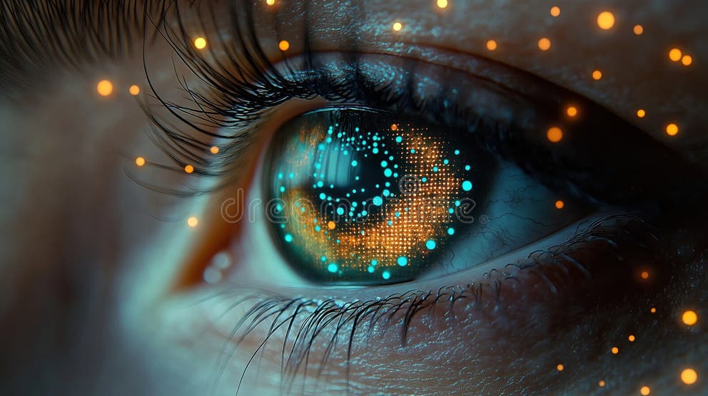 Closeup View of Human Eye. Futuristic Digital Pattern Glows Inside Iris ...