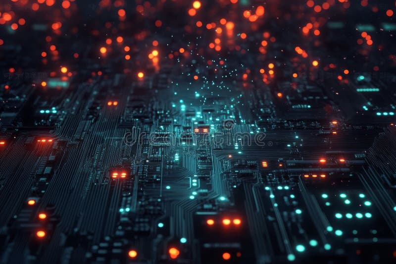 CloseUp View of an Illuminated Electronic Circuit Board Featuring ...