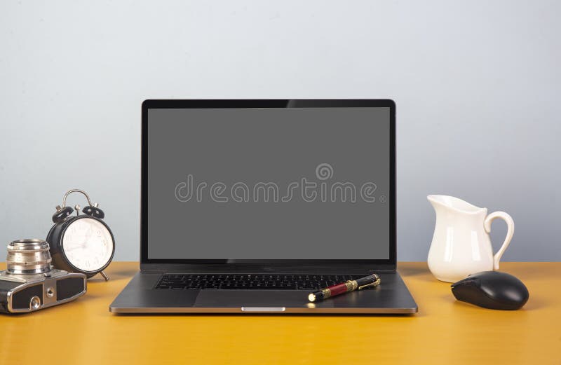Closeup View Laptop Screen from Office Table Stock Image - Image of ...