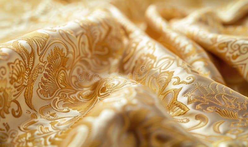 Closeup View of Luxurious Brocade Fabric in Intricate Gold and Cream ...
