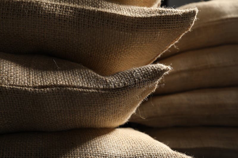 Closeup View of Many Natural Burlap Sacks Stock Image - Image of ...