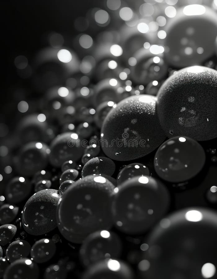 Closeup View of Many Round Bubbles Floating on Dark Surface. Bubbles ...