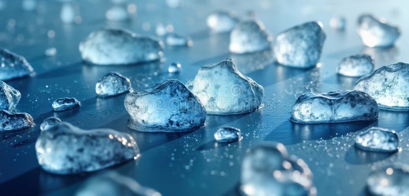 Closeup View of Melting Ice Crystals. Ice Pieces Sit on Dark Blue ...