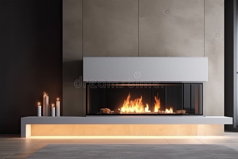 Closeup View of a Modern Luxury Fireplace with Fire Burning Inside ...