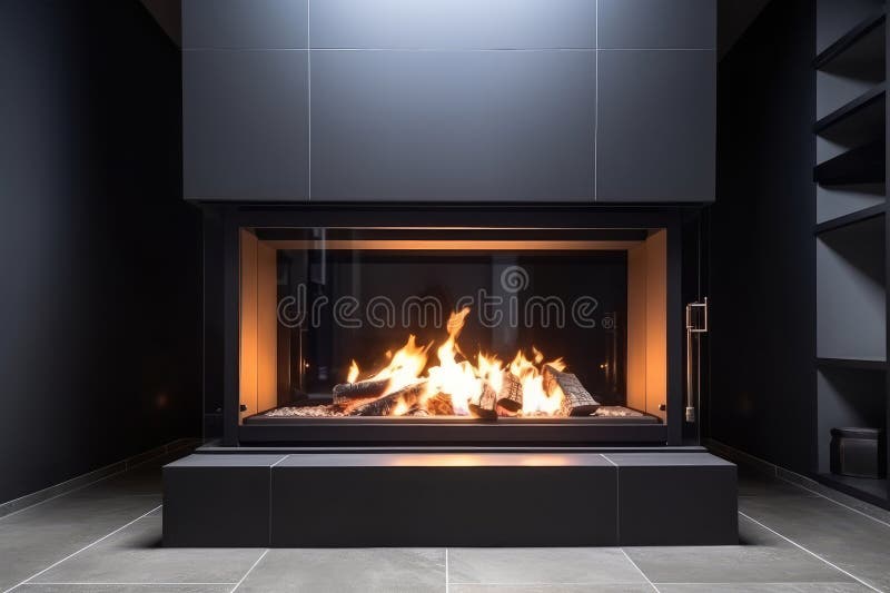 Closeup View of a Modern Luxury Fireplace with Fire Burning Inside ...