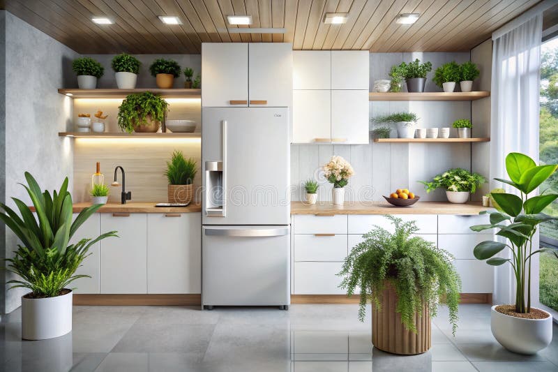 Closeup View of a Modern White Kitchen Refrigerator Sleek Design ...