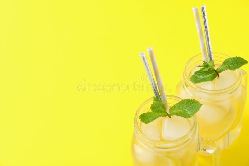 View of Natural Lemonade on Yellow Background, Space for Text. Summer ...