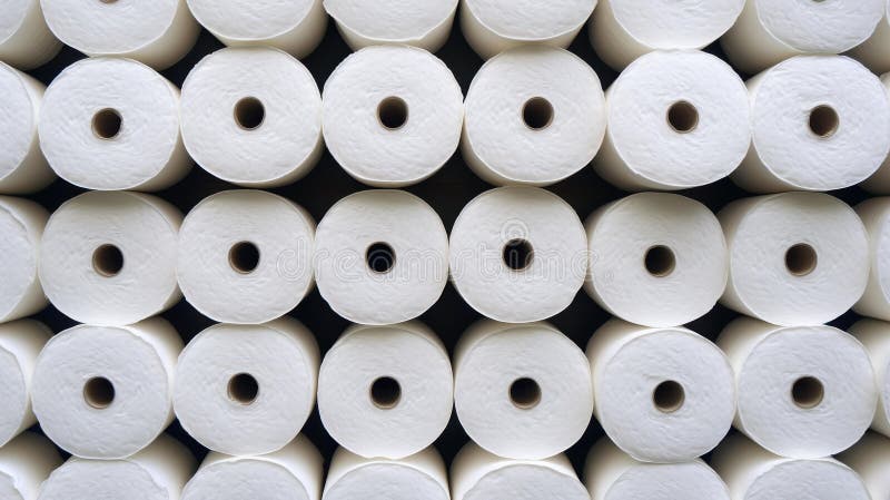 Closeup View Of Neatly Stacked White Toilet Paper Rolls Stock