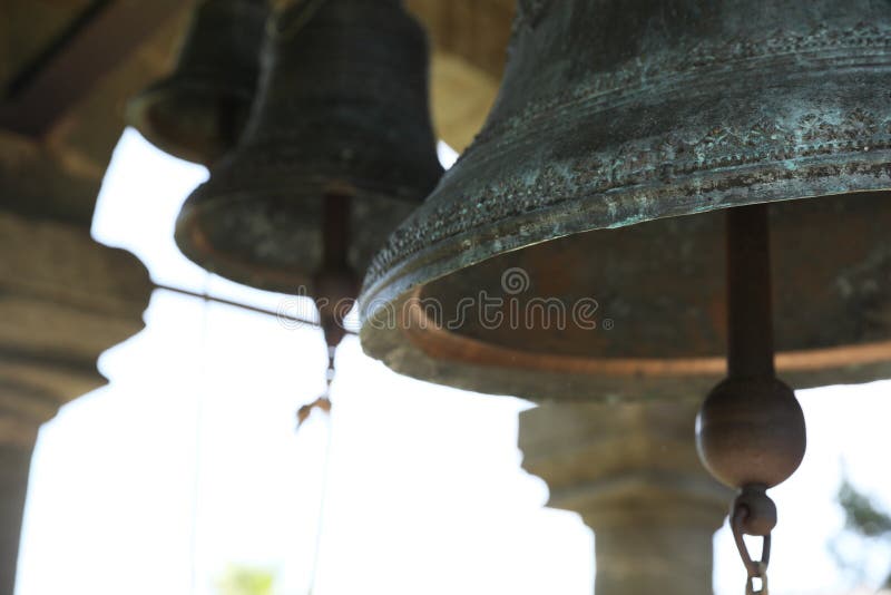 Closeup View of Old Bells in Tower, Space for Text Stock Image - Image ...