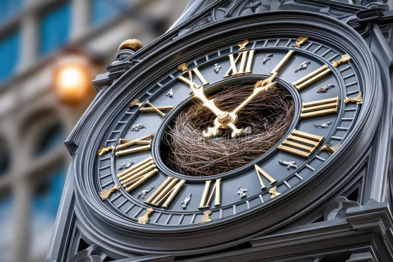 Close Up of Ornate Clock with Bird Nest Stock Image - Image of nature ...