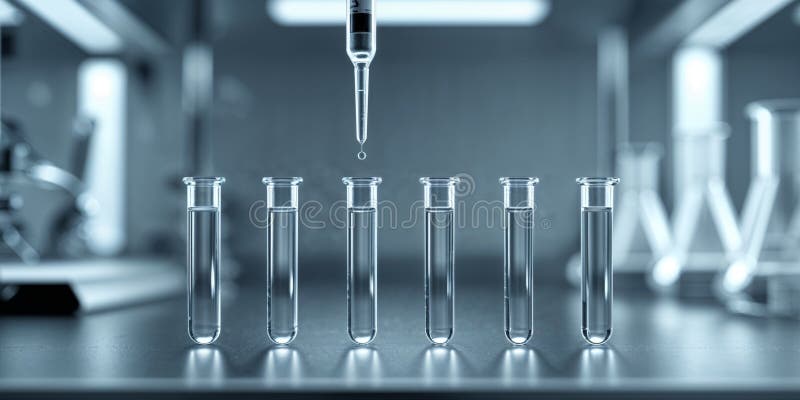 Closeup View of a Pipette Dropping Liquid into Test Tubes in a ...