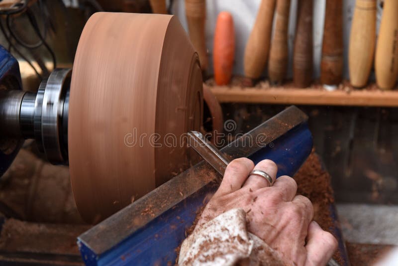 Closeup View of the Process of Making a Wooden Bowl on a Woodturning ...