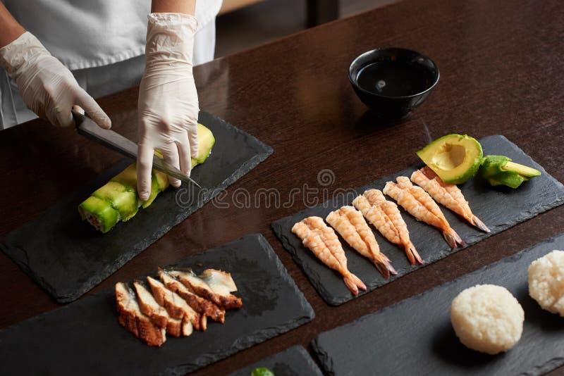 Process of Preparing Rolling Sushi Stock Image - Image of catering ...