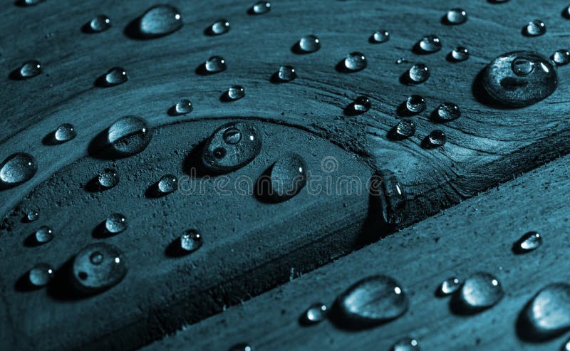 Closeup View of Rain Water Drops on Blue Wooden Sheet Stock Image ...