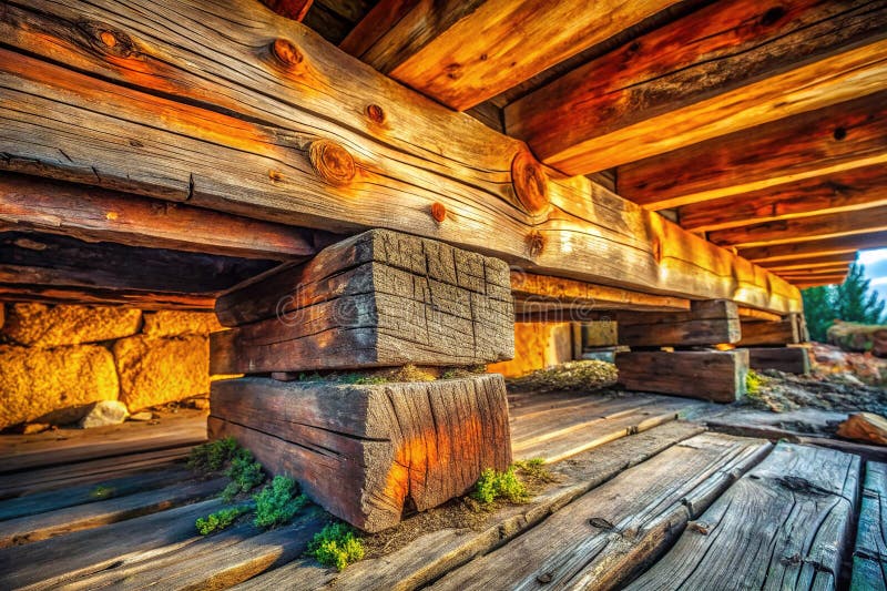CloseUp View of a Rustic Cabin Foundation Cinder Block and Weathered ...