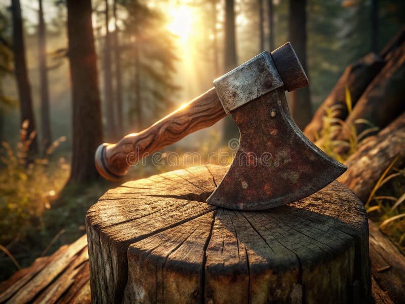 A CloseUp View of a Rustic Metal Axe Embedded Deeply in a Summer ...