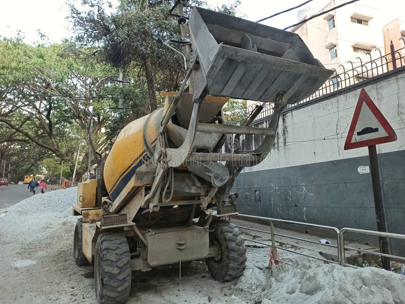A Closeup View of a Self Loading Concrete Mixer in Operation in a Urban ...