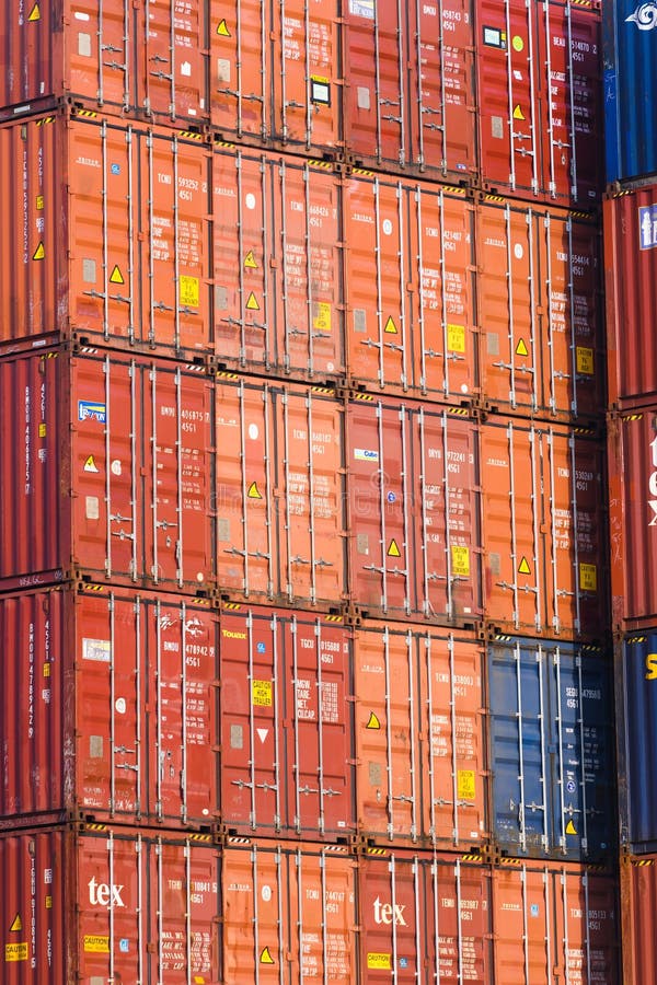 Closeup View of Shipping Containers Stacked Vertically Editorial Photo ...